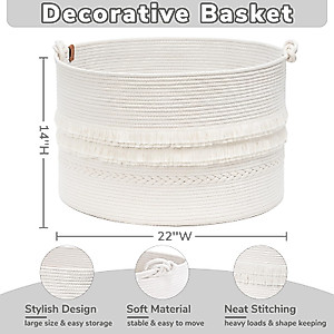 CherryNow Large White Woven Storage Basket, Boho Decorative Basket for Home Decor, Towel basket for Bathroom, Bedroom, Living room, Baby Nursery Basket for Clothes, Toys, Blankets, 22 x 14 inches