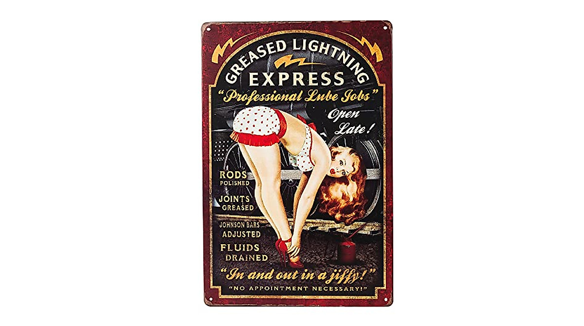 Greased Lightning Pin Up Girl Sign for Retro Garage & Man Cave
