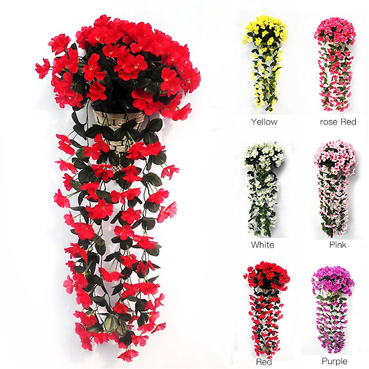 Takefuns 2Pcs Artificial Violet Flower Hanging Vine Garland, Wall Wisteria Basket, Simulation Rattan Plant for Outdoor Balcony Garden Party Wedding Decorations (Red)
