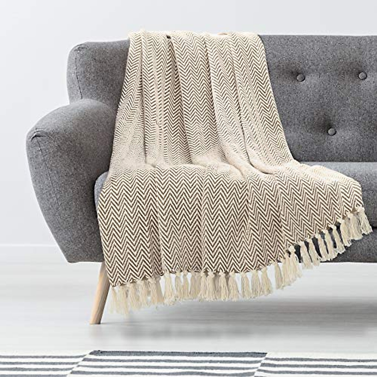 Americanflat 100% Cotton Throw Blanket for Couch - 50x60 - All Seasons Neutral Lightweight Cozy Soft Throws for Bed, Sofa or Chair.door or Outdoor [Khaki and Beige Herringbone]