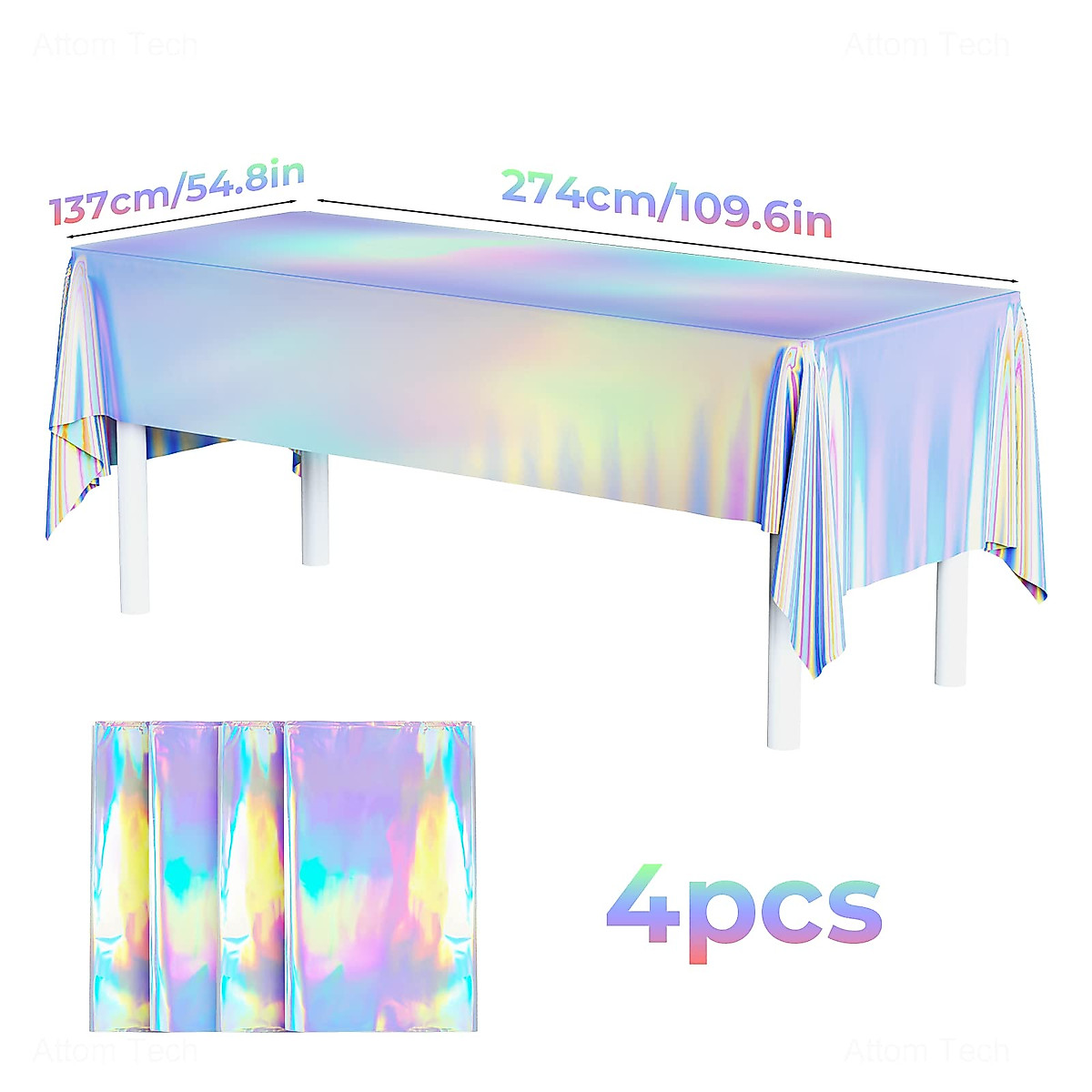 NiHome Iridescent Plastic Tablecloths 4-Pack 54.8x109.6 Inches Holographic Metallic Laser Shiny Rectangle Party Table Decorations Foil Clothes Reusable Covers for Birthday Bridal Wedding Christmas