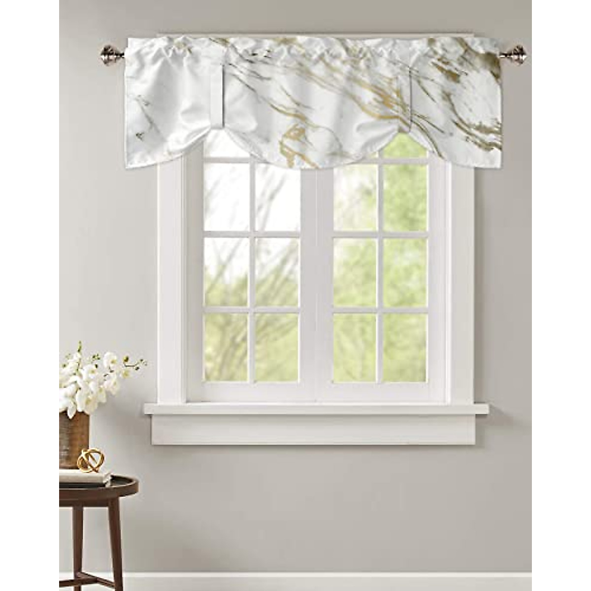 Tie Up Valance Curtains Rod Pocket 42 x 12In, White Gold Marble Short Curtain for Kitchen Cafe Bedroom Living Room Window, Thermal Insulated Decor Valances for Windows, Wild Symbol