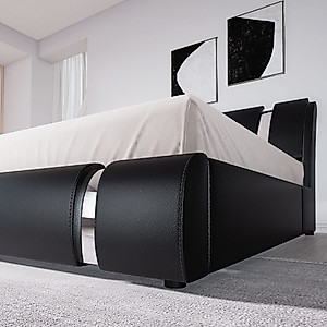 Allewie Queen Bed Frame with Iron Piece Decor, Faux Leather Upholstered Platform Bed with Adjustable Headboard & Strong Wooden Slats, No Box Spring Needed, Black