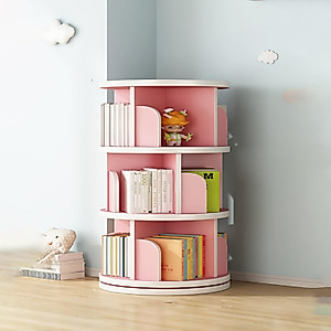 BYERZ Rotating Bookshelf, Small Book Shelf for Small Spaces, 360 Rotating Bookshelf Storage Rack, Wood Narrow Book Shelf Organizer for Bedroom, Living Room Book Shelves, Pink
