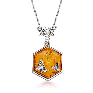 Ross-Simons Amber Honeycomb and Bumblebee Pendant Necklace in Sterling Silver. 18 inches