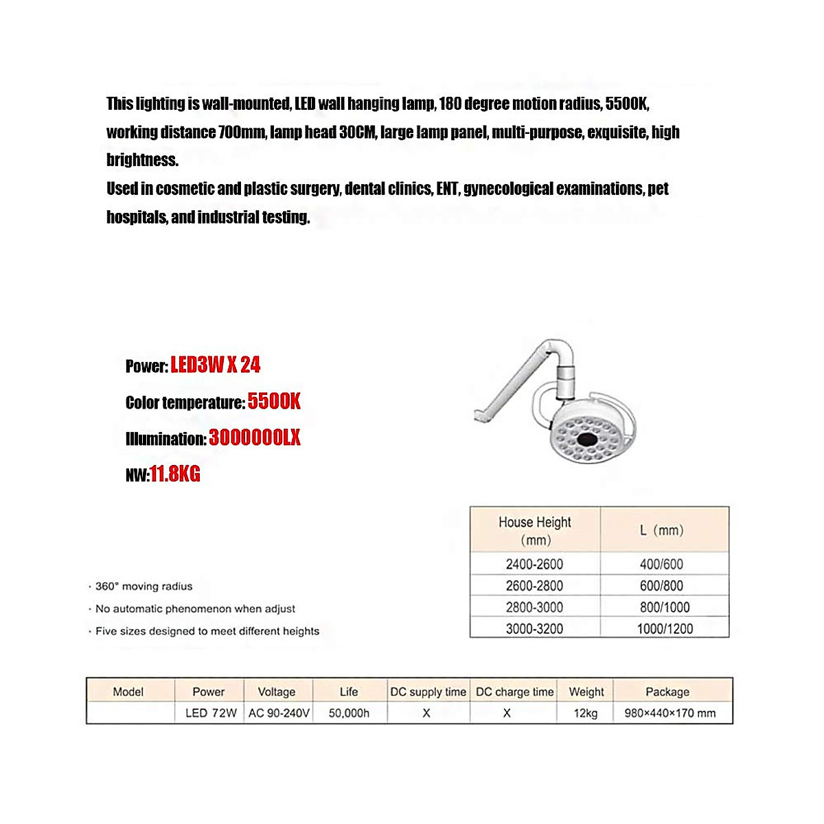 72W Hanging LED Surgical Exam Light Shadowless Lamp Pet Surgery Dental Department 24 Super Beads