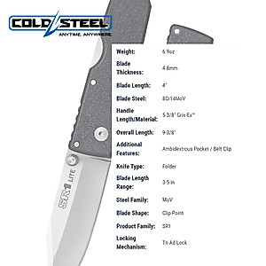 Cold Steel SR1 Lite 8Cr14MoV Steel 4" Clip Point Blade Griv-Ex Handle Folding Knife with Tri-Ad Locking Mechanism, Boxed