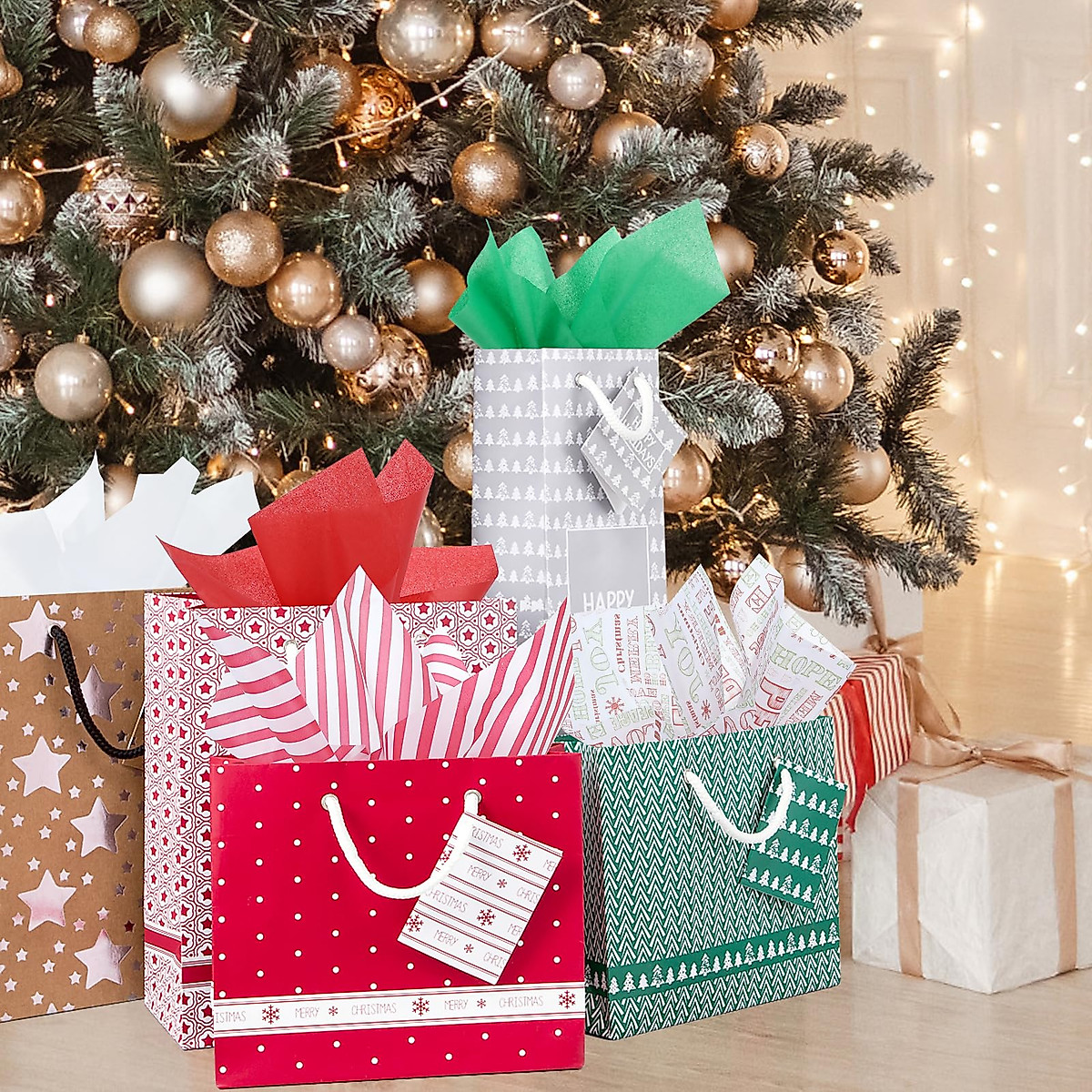 LOADSFUN Christmas Tissue Paper Bulk, 120 Sheets Christmas Tissue Paper for Gift Bags Assorted Design Gift Wrapping Paper, Red Green White Tissue Paper for Xmas Decor Holiday Crafts (Letters)