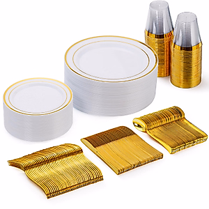 Goodluck 150 Pieces Gold Disposable Plates for 25 Guests, Plastic Party, Wedding, Dinnerware Set of Dinner Plates, Salad Spoons, Forks, Knives, Cups