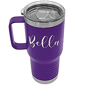 Personalized Travel Mug with Handle and Name Purple Matte Finish Custom Laser Engraved 20 oz Stainless Steel Vacuum Insulated Coffee Cup with Lid