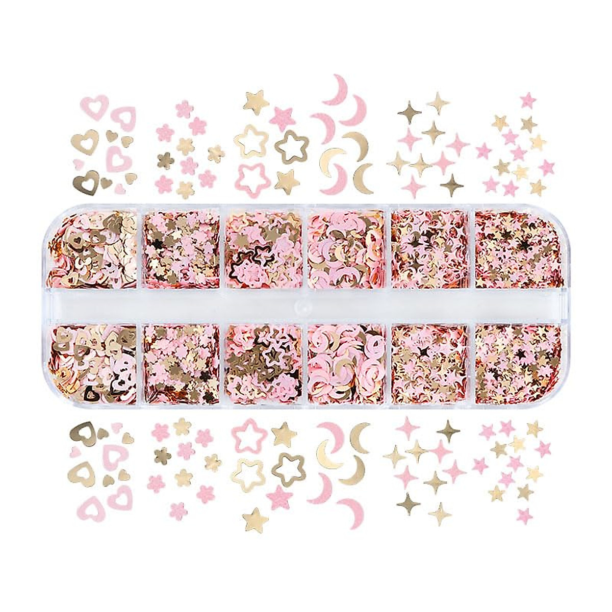 KACHIMOO KACHIMOO Nail Glitter Sequins,12 Grids Gold Pink Nail Glitter Flakes 3D Cherry Blossoms Moon Star Nail Sequin Flakes Heart Nail Charm Nail Accessories for Nail Art Decoration