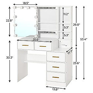 Tiptiper Makeup Vanity with Lights, Vanity Table with Charging Station, Vanity Desk with Sliding Mirror and 10 LED Light Bulbs, Makeup Table with 5 Drawers, Hidden and Open Storage Shelves, White