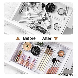 13 Pcs Drawer Organizer Set Clear Plastic Storage Bins Office Desk Drawer Dividers Trays with Non-Slip Silicone Pads, Dresser Separation Box for Makeup, Jewelries and Gadgets, Bedroom, Bathroom