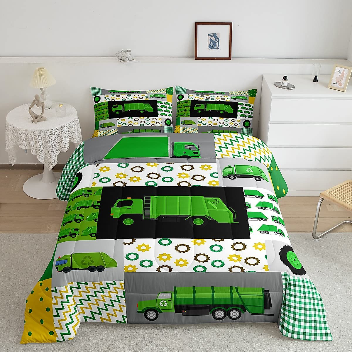 Green Garbage Truck Comforter Powered Waste Management Recycling Trucks Bedding Set Cartoon Garbage Truck Bedding Set for Kids Boys Girls Car Duvet Set Room Decor Quilt Set Full Size