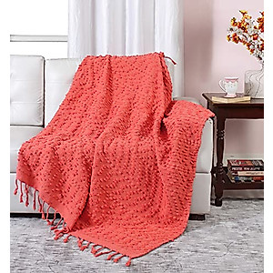 ACCENTHOME Cotton Throw Blanket with Tufted Decorative Design | 50''X60'' Cozy Chenille Knit Lightweight Boho Chic Blankets | Coral Soft Fringe Tassel Blankets for Couch, Bedroom, Living Room Sofa