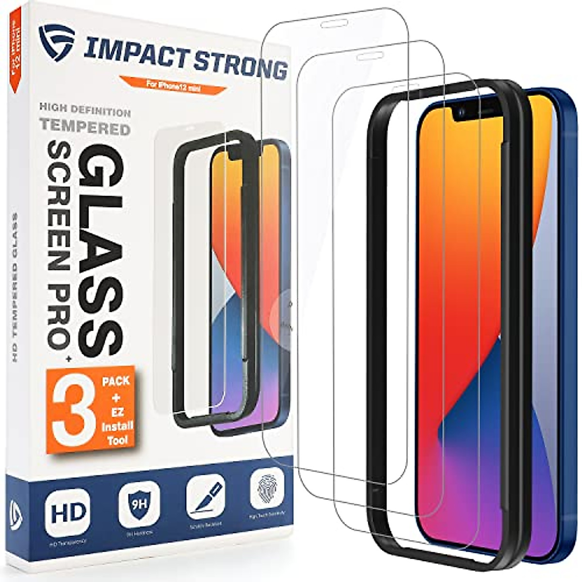 ImpactStrong Shatterproof Tempered Glass Screen Protector for iPhone 12 Mini [Easy Installation Frame] [Bubble Free] [9H Hardness] [Full Coverage] Case Friendly, 5.4 Inch (3-Pack)