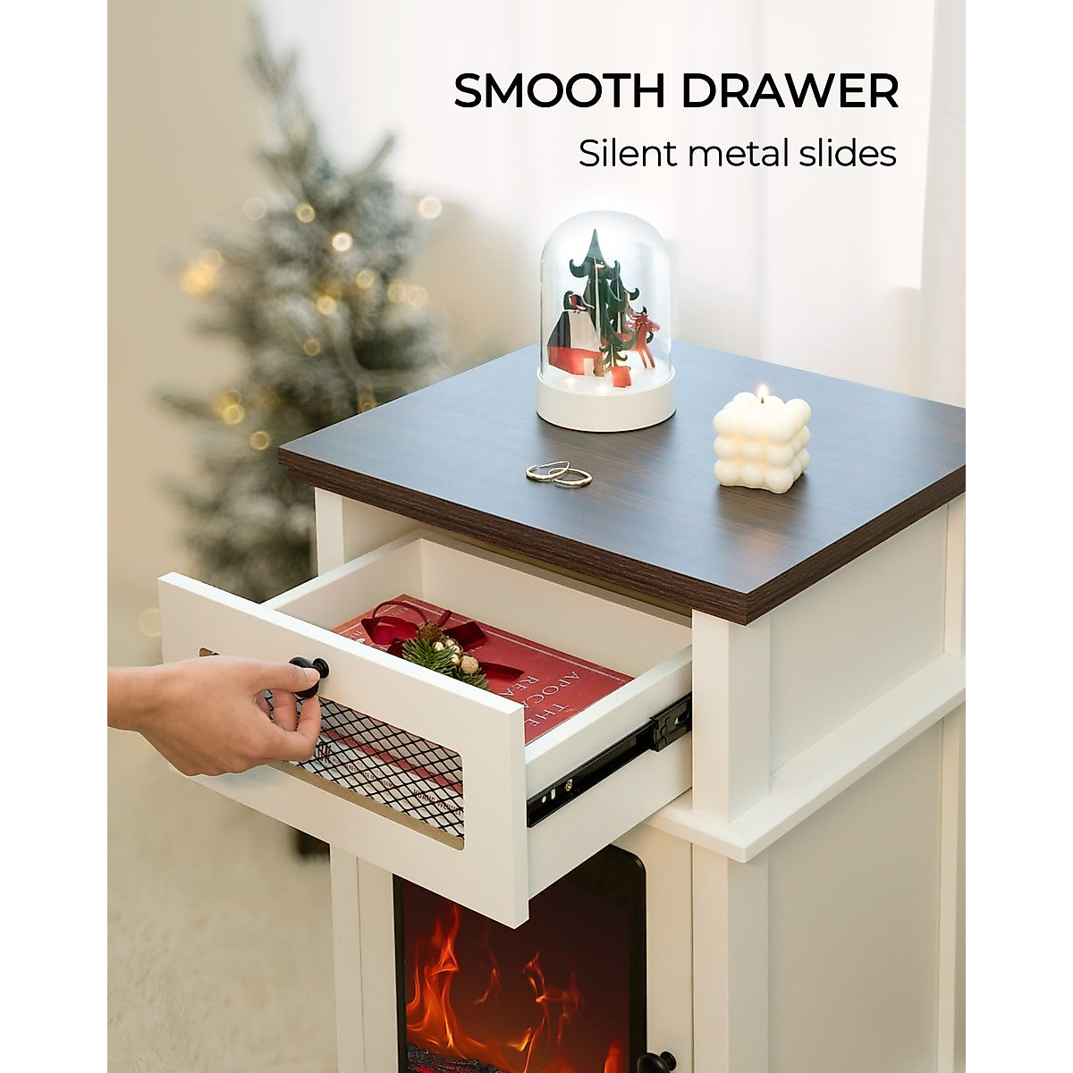 i-aplus White LED Nightstand Farmhouse Night Stand Fireplace Night Stand with Drawer LED Bedside Tables for Bedroom End Table