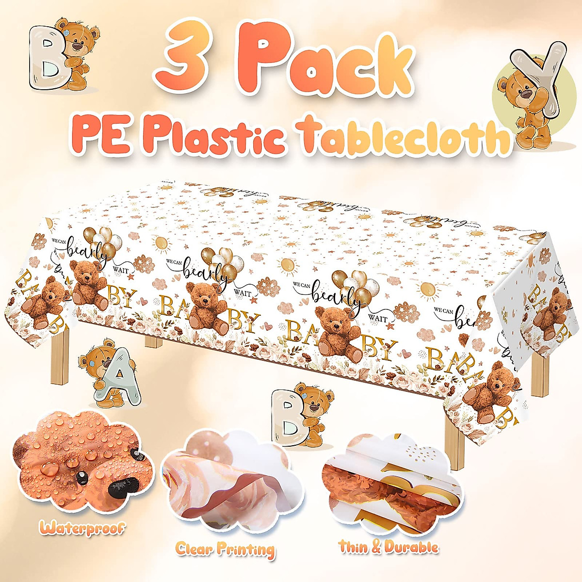 Tatuo 3 Pcs We Can Bearly Wait Baby Shower Tablecloth Decorations Teddy Bear Table Cover Balloon Bear Plastic Tablecloth for Bear Theme Birthday Baby Shower Party Decor, 54 x 108 Inch