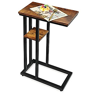 C Shaped Side Table for Sofa, Small Couch End Table for Small Spaces，Skinny Couch Side Tables Slide Under Sofa Bed,Snack Table with Bamboo, Modern Rustic Brown