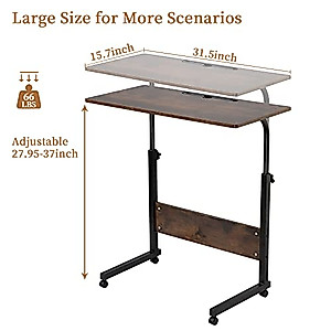Hadulcet Mobile Side Table, Mobile Laptop Desk Cart, Mobile Computer Desk Stand Up Desk Office, Adjustable Over Bed Table with Wheels for Sofa, 31.5 x 15.7 in Rustic Brown