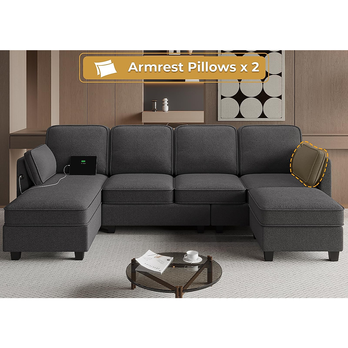 Brinlawb 113'' Sectional Couches with Storage Seats and USB Ports U Shaped Convertible Sofa Couch with Reversible Chaise Chenille Modular Sectional Sofa Couches with Ottomans for Living Room,Grey