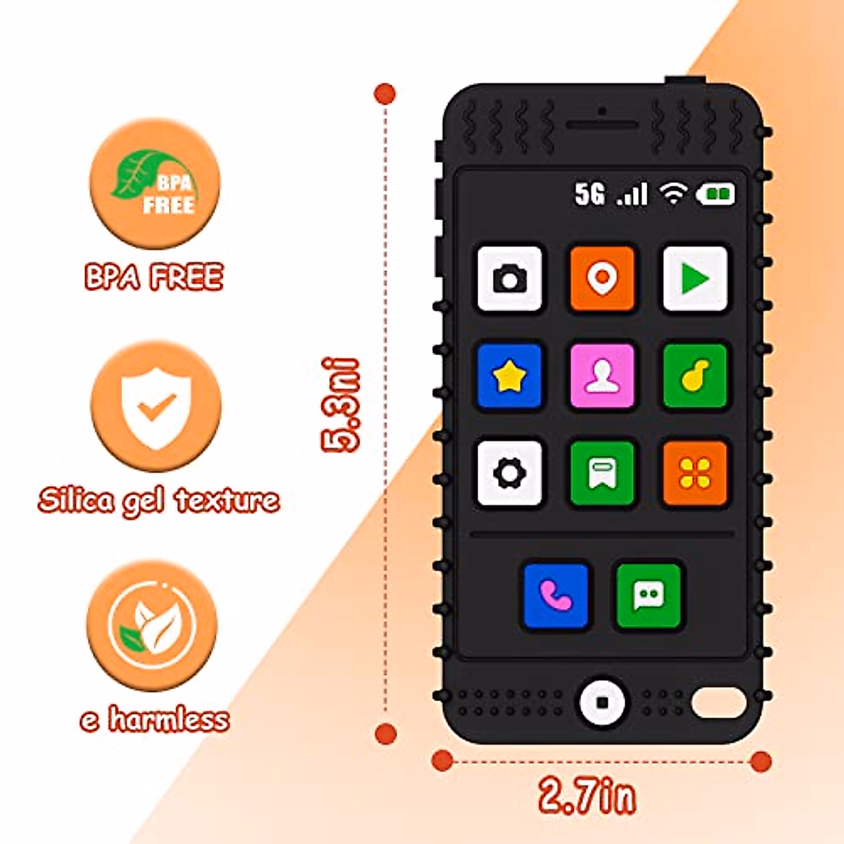 FFTROC Silicone Baby Teething Toys, Teether for Babies 6-12 Months, Smart Phone Shape Teether, Sensory Chew Toys for Boys & Girls - Black