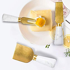 4PCs Gold Cheese Knife Set, Marble Cheese Butter Spreader Cutter with Ergonomic Ceramic Handle for Bread, Stainless Steel Cheese Shaver and Fork for Kids, Birthday, Wedding, Anniversary(Gold)