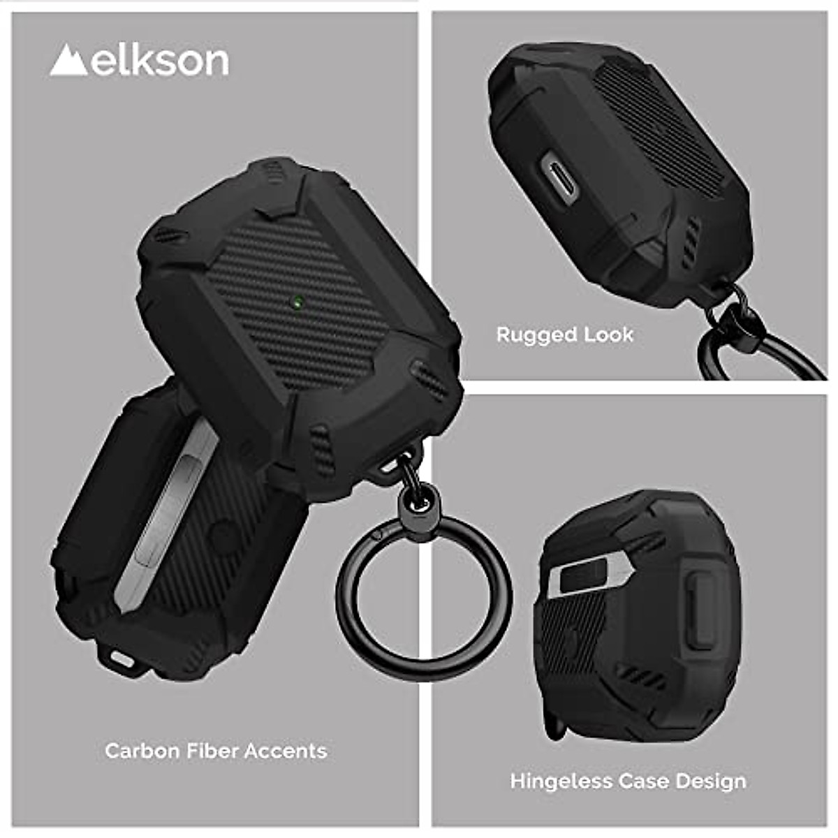elkson Compatible with AirPods Pro Case, Secure Case Cover with Keychain Hard Shell Protective Bumper Carbon Fiber Full Body Shockproof for AirPod Pro, Black Exia Series Front LED Visible