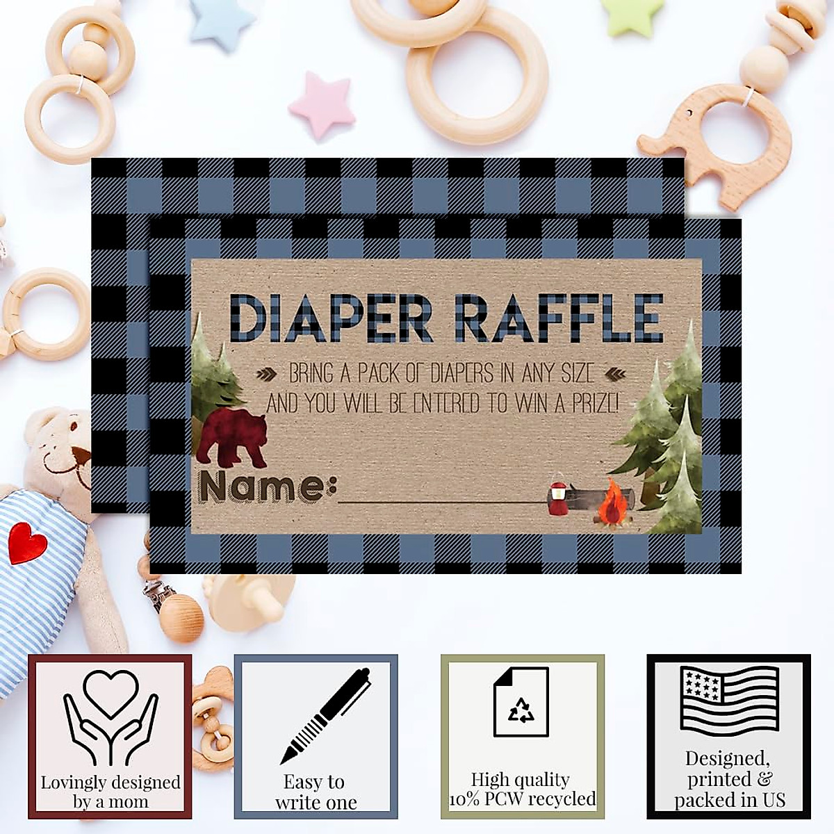 Amanda Creation Oh Boy! Outdoorsy Blue and Black Plaid Lumberjack Diaper Raffle Tickets for Boy Baby Showers, 20 2" X 3” Double Sided Inserts, Bring a Pack of Diapers to Win Favors &