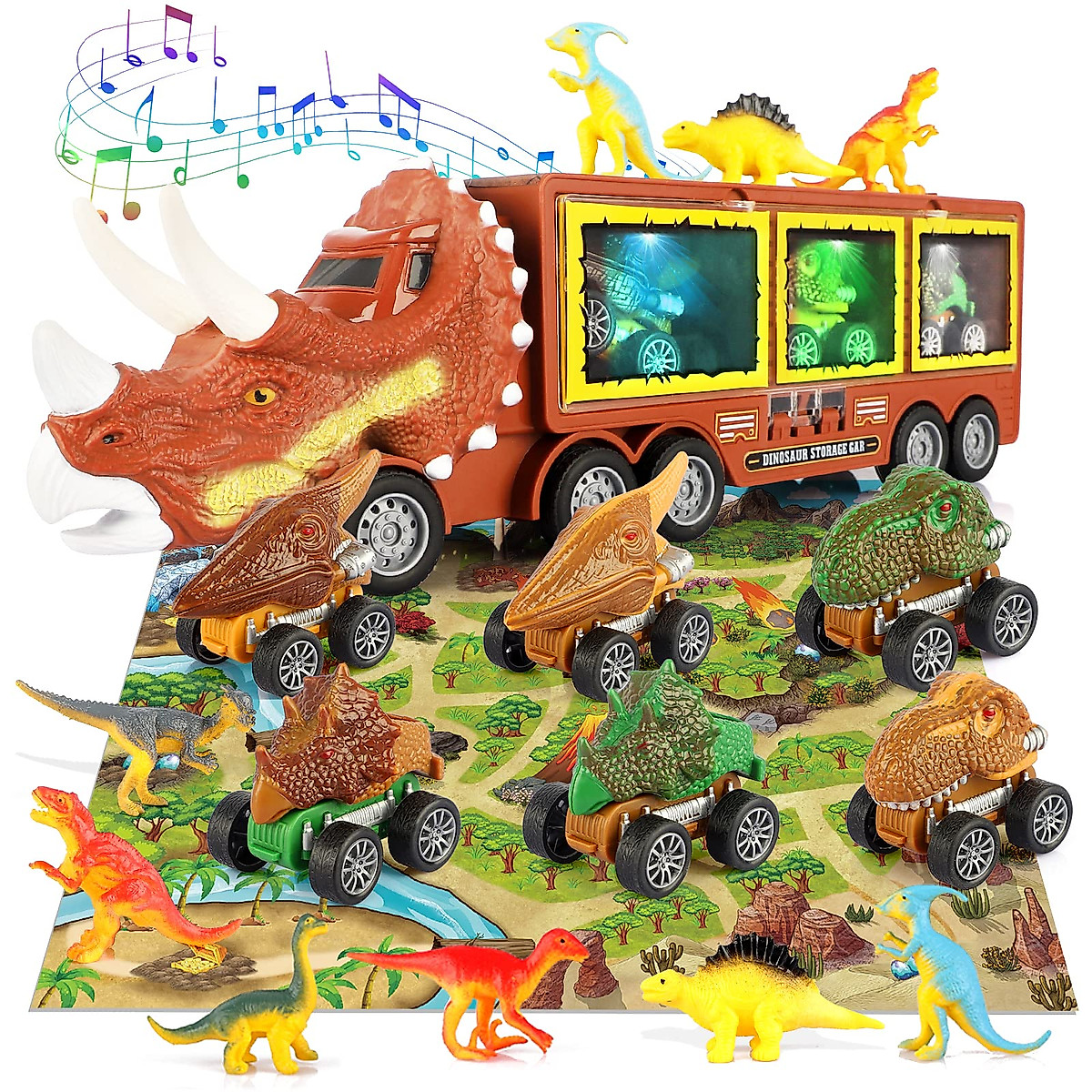 21 Pack Dinosaur Toys for Kids 3-7, Dinosaur Truck with Oversized Dinosaur Map, Flashing Lights, Music and Roaring Sound, Kids Toys with 6 Pull Back Dinosaur Cars, 6 Dinosaur Toys (Brown)