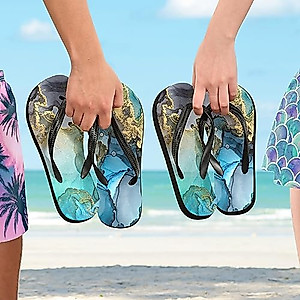 Poeticcity Mixed Blue, Grey, Golden Alcohol Ink Abstract Marble Texture Beach Flip Flops, Casual Comfort Thong Sandals for Indoor Outdoor, Home Slippers Hotel Spa Bedroom Travel for Men Women L Size