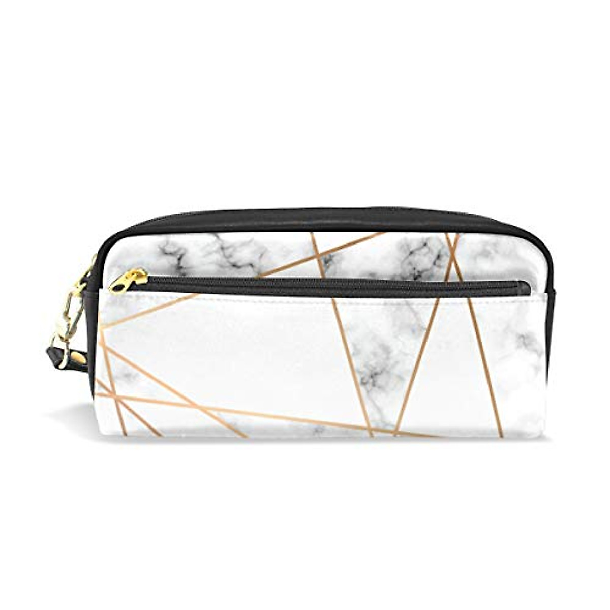ALAZA Cute Pencil Case White Marble with Gold Geometric Lines Pen Cases Organizer PU Leather Comestic Makeup Bag Make up Pouch