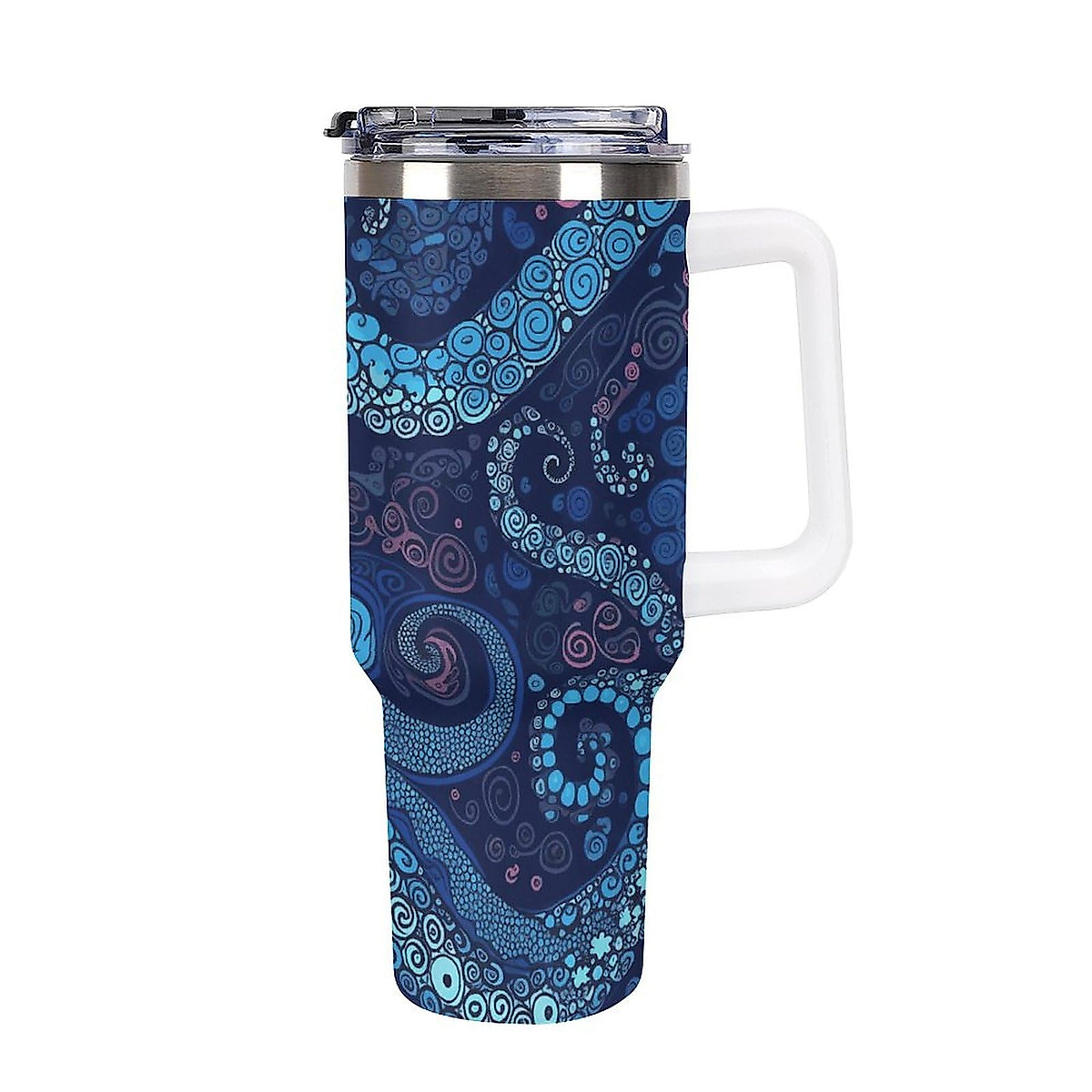LLUTSNTH 40 Oz Vacuum Tumbler with White Handle Leakproof Insulated Tumbler Blue Octopus Stainless Steel Travel Mug with Lid And Straw Coffee Cup Cute Water Bottles Cup Holder Friendly