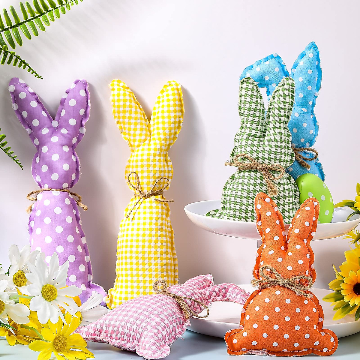 6 Pcs Rustic Easter Bunny Decor Farmhouse Stuffed Fabric Bunny Ornament Polka Dot Grid Easter Basket Bowl Fillers for Tiered Tray Desk Table Top Wedding Home Easter Centerpiece Decoration (Dark)