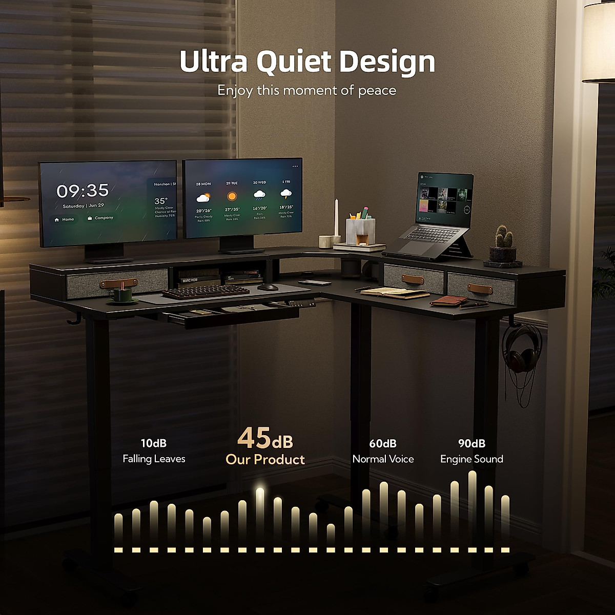 Claiks Dual Motor 63" L Shaped Standing Desk with Drawers, Electric Standing Desk Adjustable Height, Corner Stand up Desk with Splice Board, Black Frame/Black Top