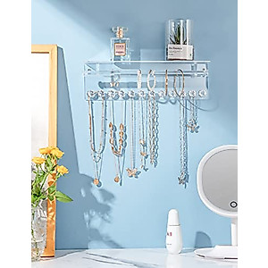 Mymazn 2 Pack Acrylic Necklace Holder with Shelf, 12 Diamond Shape Hooks and Removable Bracelet Rod, Wall Mounted Jewelry Organizer Hanging Jewelry Rack Clear Jewelry Hangers for Necklace, Bracelet