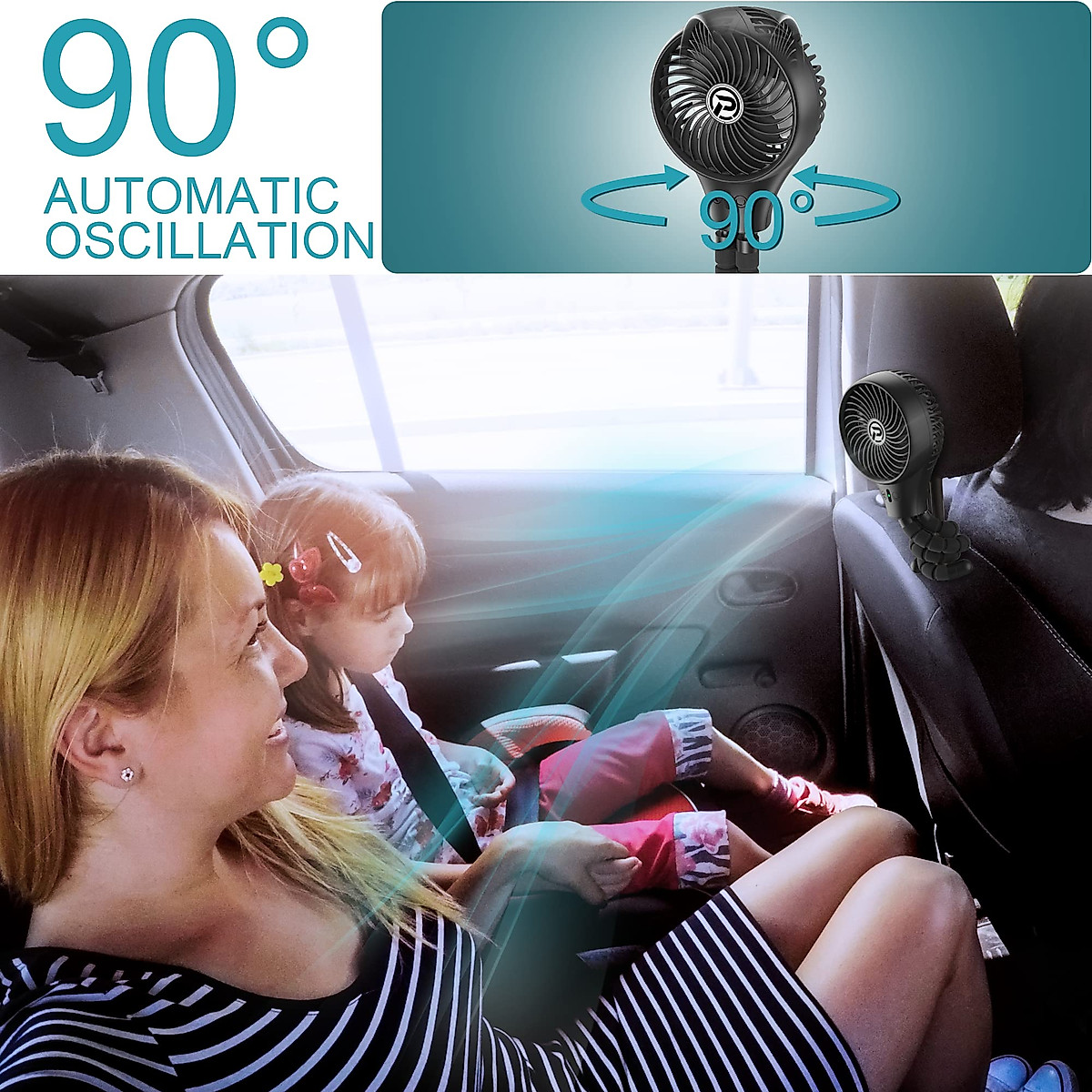 Auto Oscillating Stroller Fan, Battery Operated Fan, Portable Fan with Flexible Tripod, Ultra Quiet USB Desk Fan for Stroller/Car Seat/Treadmill/Camping/Hurricane/Outage, Black