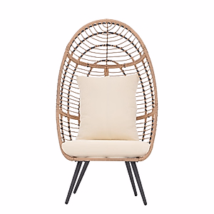 Patiorama Wicker Egg Chair Outdoor Indoor, Rattan Lounge Chair for Outside w/Legs Cushion, Basket Wicker Chair for Bedroom Living Room Front Porch Backyard Garden 350 lbs Capacity (Creamy White)