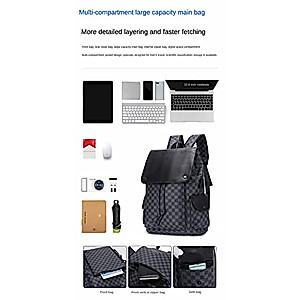 Classic PU Leather Laptop Backpack Unisex For Adult Youth Travel Leisure Fashion Bag Drawstring Gray Grid Backpack (Black)