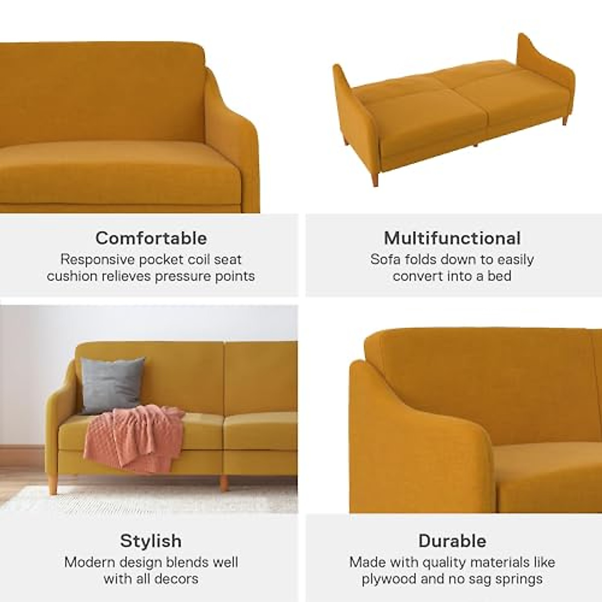 DHP Jasper 77 Inch Futon Sofa Bed, Modern Upholstered Couch Sleeper with Sloped Arms, Mustard