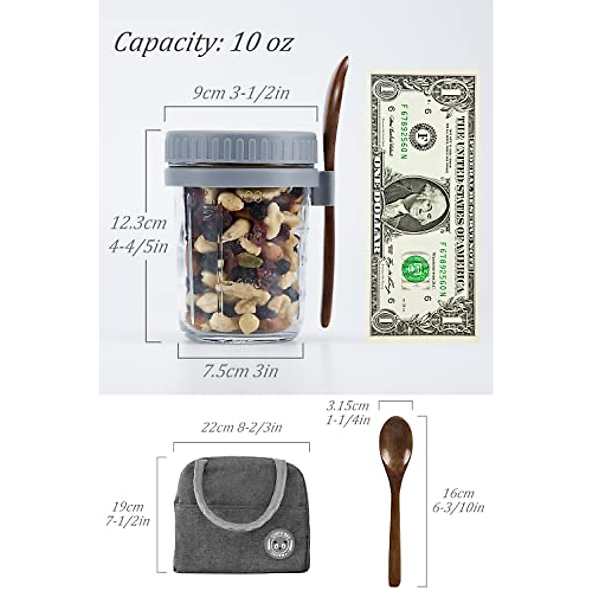 Overnight Oats Containers with Lids - 2pack Updated Design 10 oz Wide Mouth Mason Jar with Spoon Very Convenient for Use On The Go, Tight sealing glass jar ideal for home, office or to go