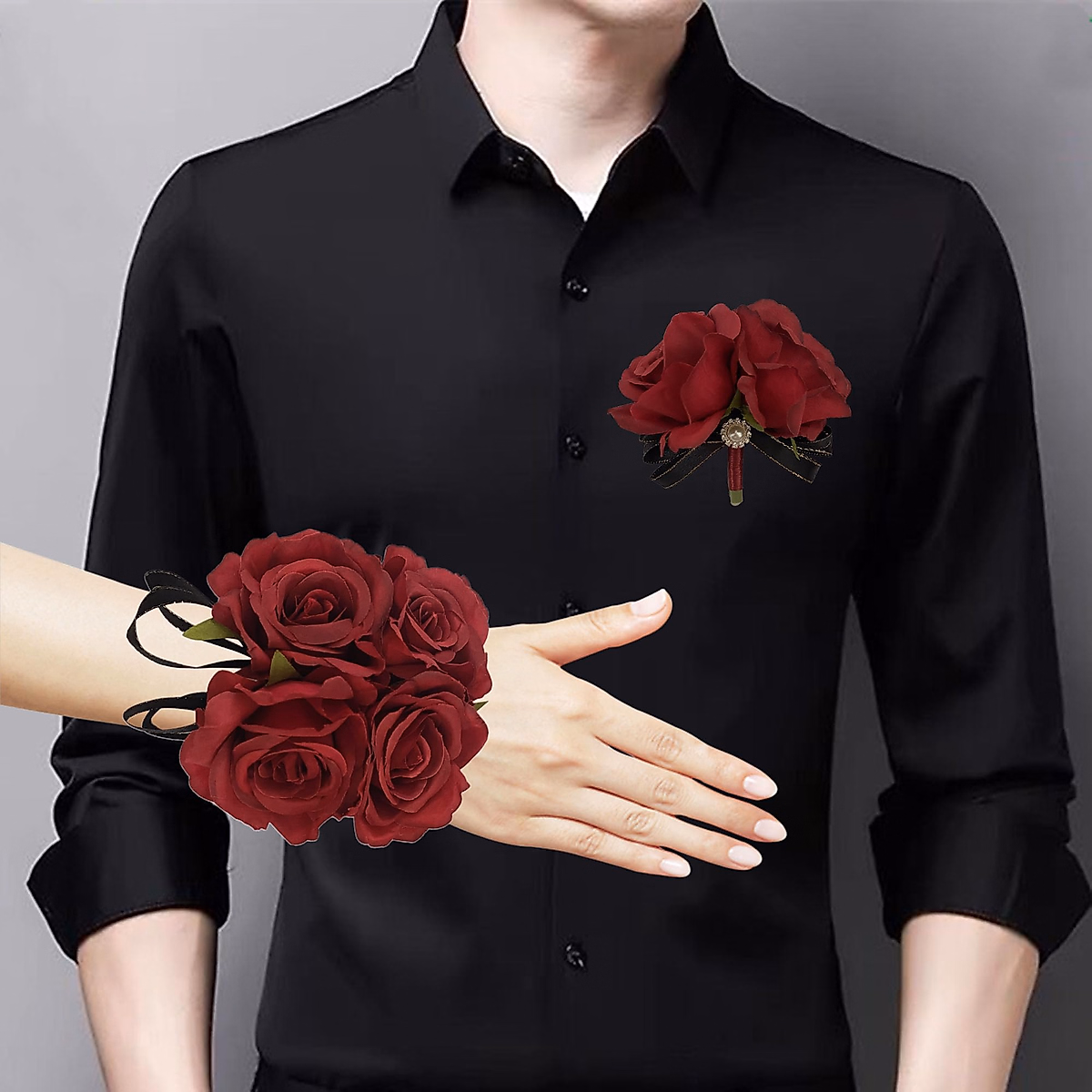 YOKOKE Prom Corsage and Boutonniere Set, Rose Boutonniere and Wrist Corsage Wristlet Set Flowers for Party Ball Dancing Prom Suit Decorations (Red)