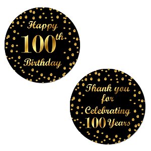100th Birthday Round 2 Inch Big Glossy Stickers, Thank You for Celebrating 100 Years Black and Gold Labels, Great for Party Favors, Decorations, Tags, Gift Bags and Supplies. Made in USA