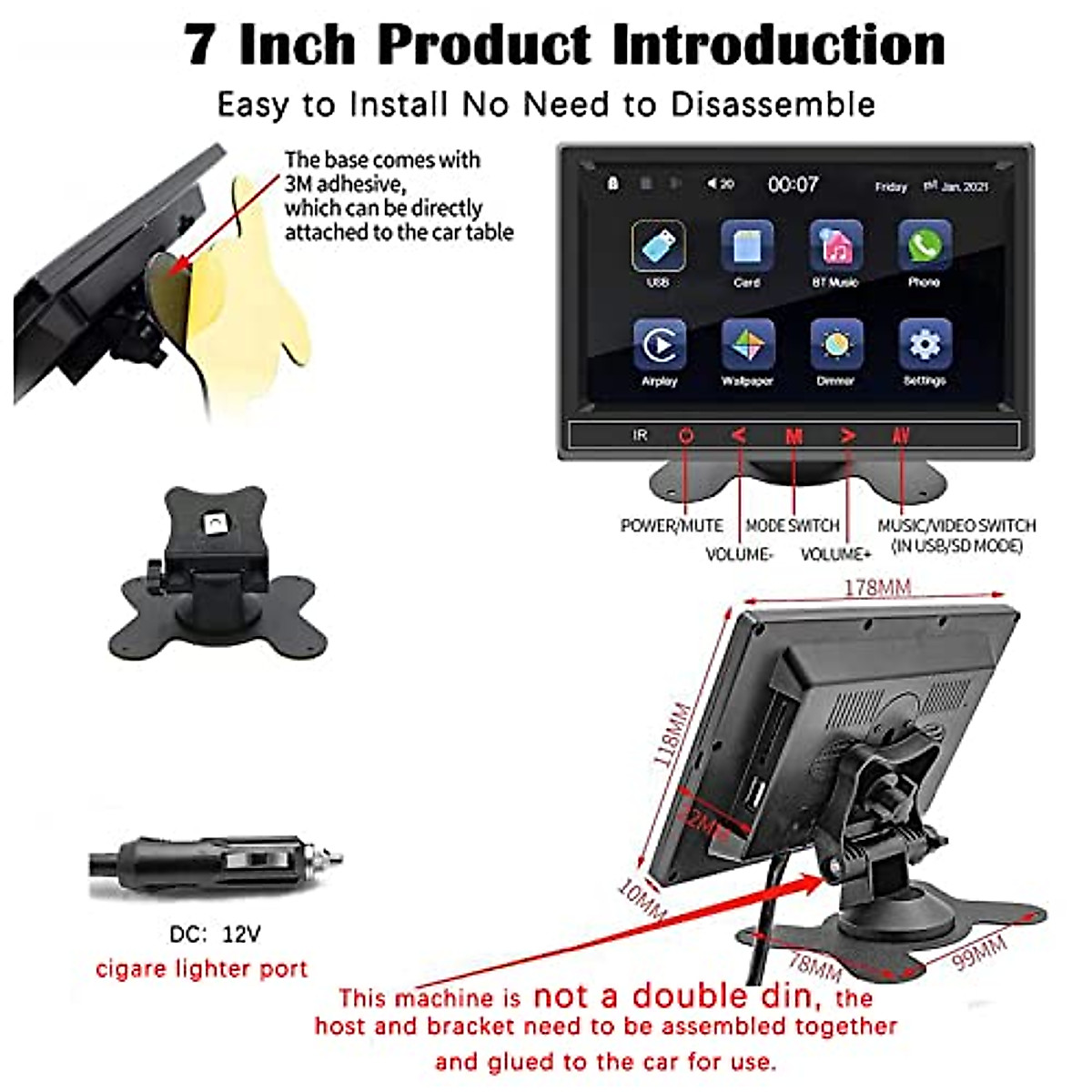 Binize Portable Carplay Screen Navigation, Portable 7 Inch Car Stereo Radio Compatible with Car Play & Android Auto, Touch Screen, Mirror Link ,Bluetooth for All Vehicles & Trucks