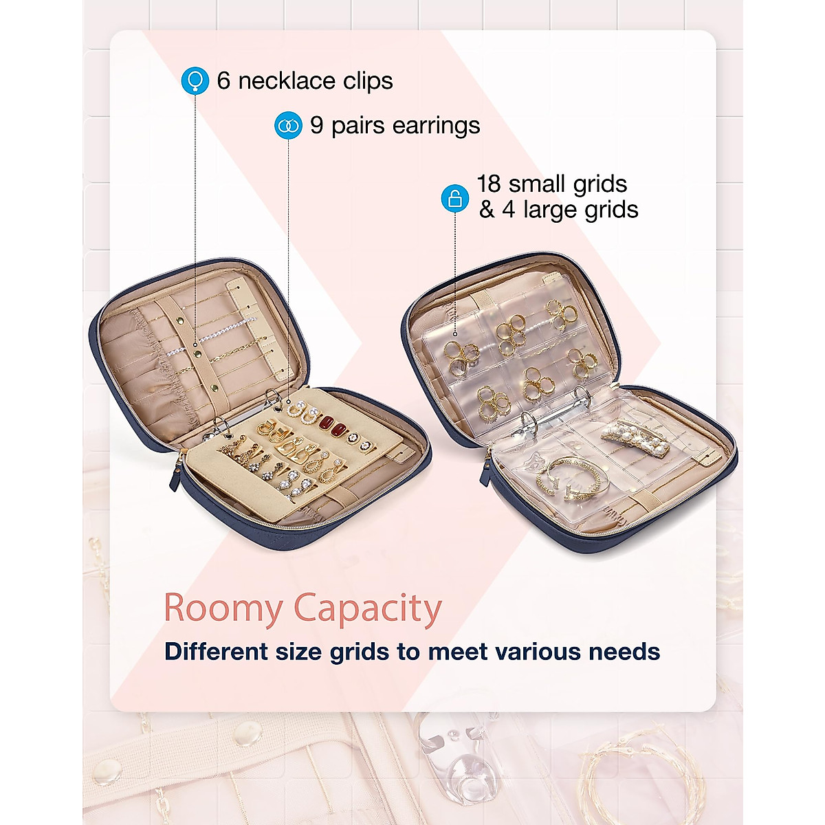 BAGSMART Jewelry Travel Organizer Case Transparent Jewelry Storage Book Ring Binder Jewelry Bags Clear Booklet Zipper Pouch Bag for Necklaces, Earrings, Rings, Bracelets, Dark Blue