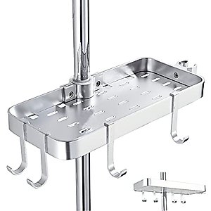 Aluminium Shower Shelf for Shower Rail Shower Caddy Shelves No Drilling Shower Rack,Shower Holder with 4 Hooks Holder and Guardrail Stand for Soap Shampoo Conditioner Organizer,for 19mm - 25mm Rail