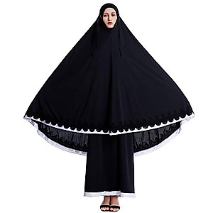 Muslim Women's Full Cover Two Pieces Long Hijab Thobe Abaya Set (One Size, Black)