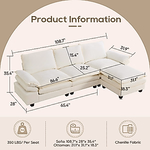 IPKIG 108.7" L Shaped Sofa - Convertible Sectional Couches for Living Room, Modular 4 Seat Oversized Comfy Chenille Fabric Sofas with Removable Ottoman and Adjustable Armrest (Beige White)
