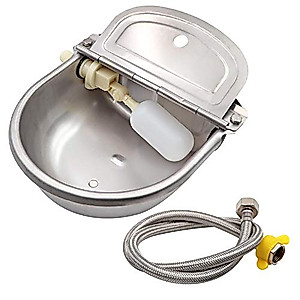 MACGOAL Stainless Steel Automatic Waterer Bowl with Float Valve, Drain Plug and Braided Hose, Water Trough for Livestock Dog Goat Pig Waterer