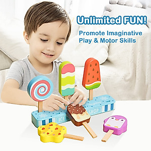 Wooden Ice Cream Toy for Kids, Toddler Pretend Play Food Ice Lolly Pops Set, Preschool Educational Toys and Gifts for Kids Age 3 4 5 6 Years Old